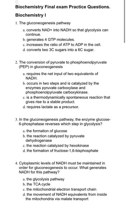 Solved Biochemistry Final exam Practice Questions. | Chegg.com