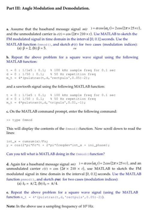 Part III: Angle Modulation and Demodulation. 2. | Chegg.com