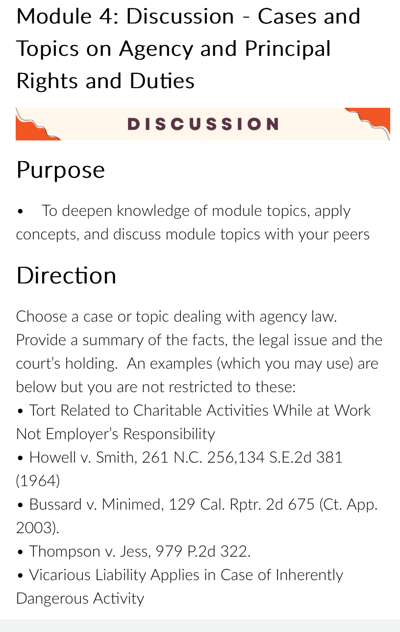 Solved Module 4: Discussion - ﻿Cases and Topics on Agency | Chegg.com