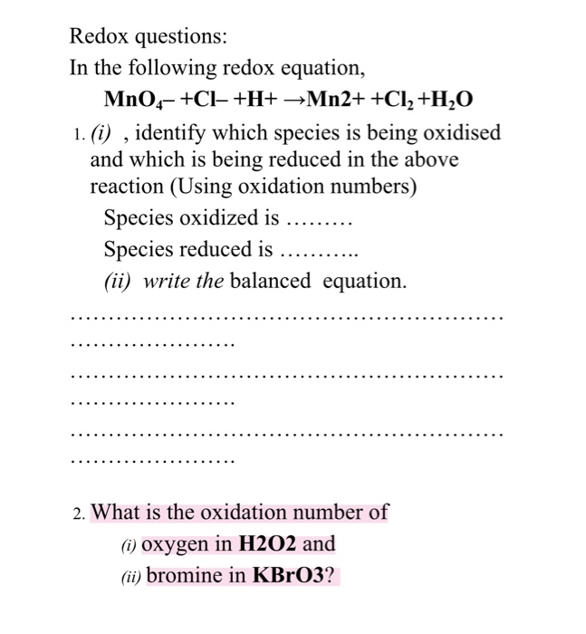 Solved Redox questions: In the following redox equation, | Chegg.com