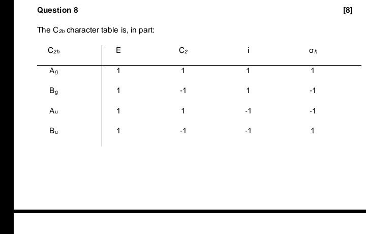 Solved Question 8 The C2h character table is, in part: C2h E | Chegg.com