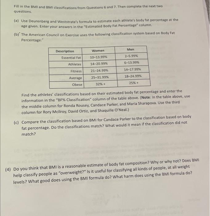 Solved Fill in the BMI and BMI classifications from | Chegg.com