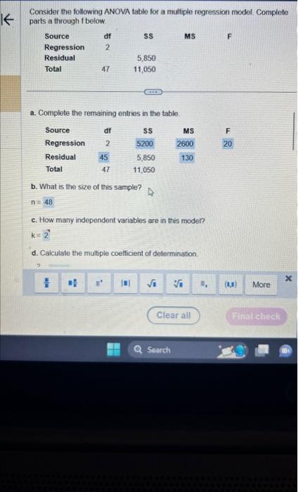 Solved Consider the following ANOVA table for a multiple | Chegg.com