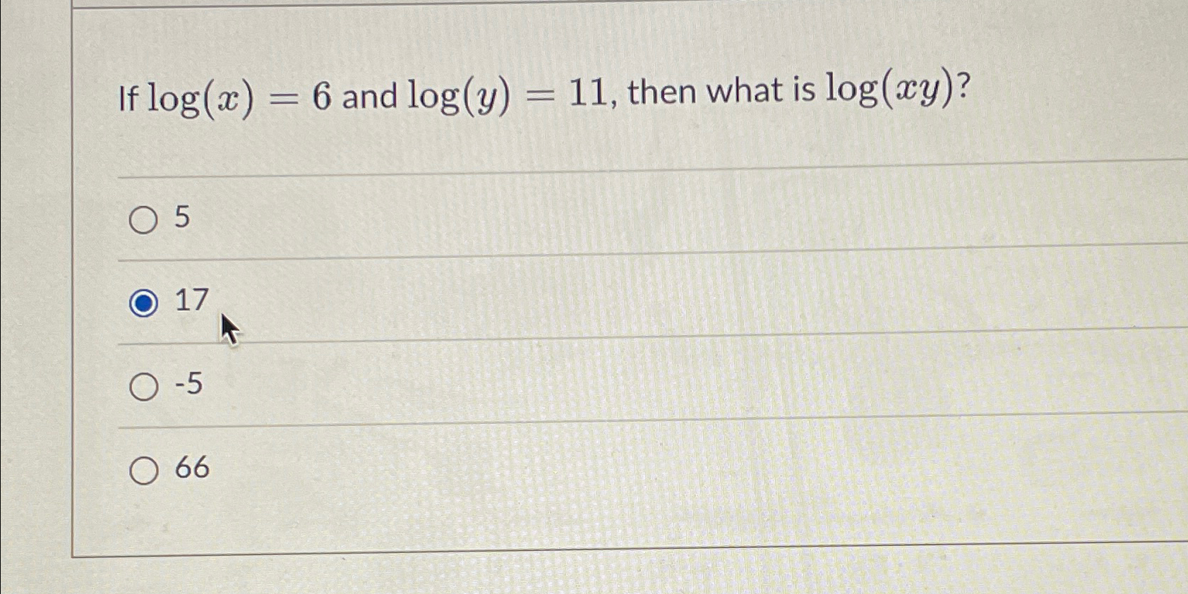 Solved If log(x)=6 ﻿and log(y)=11, ﻿then what is | Chegg.com