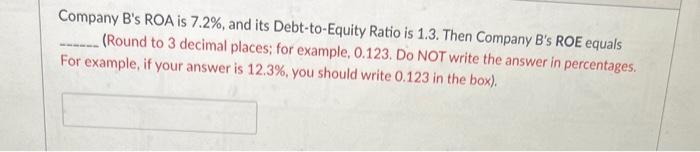 Solved Company B's ROA is 7.2%, and its Debt-to-Equity Ratio | Chegg.com