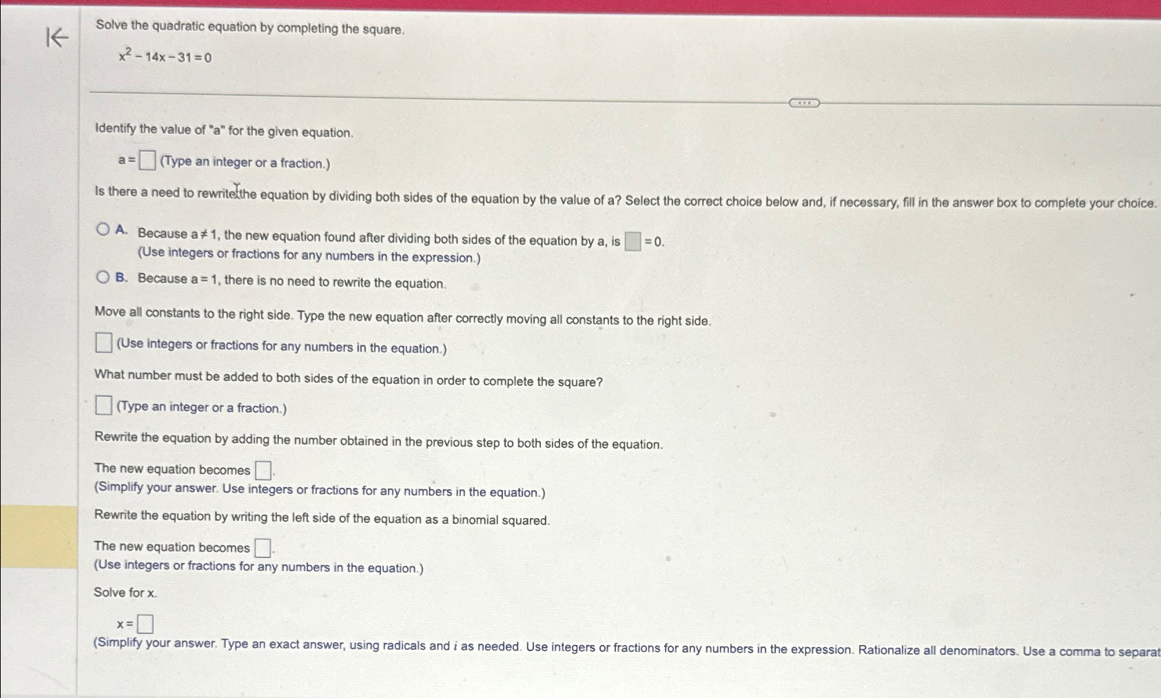 Solved Solve the quadratic equation by completing the | Chegg.com