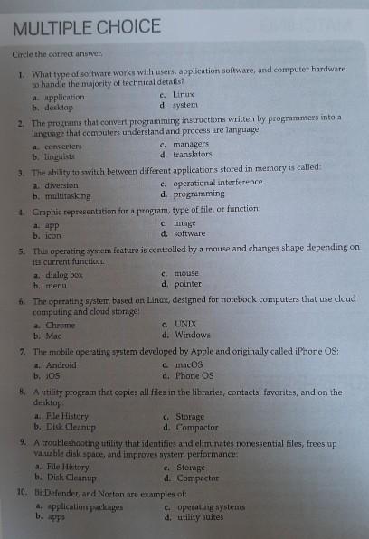 Solved ch 4 System Software MULTIPLE CHOICE Circle T
