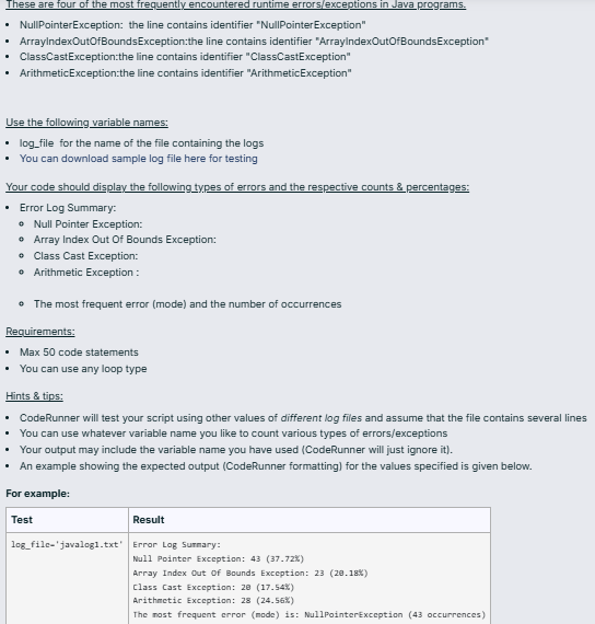Solved Write a script to read error logs of Java | Chegg.com