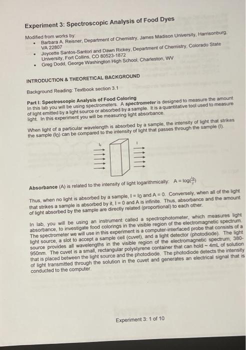Experiment 3: Spectroscopic Analysis of Food Dyes | Chegg.com