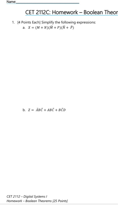 Solved Name: CET 2112C: Homework - Boolean Theor 1. [4 | Chegg.com