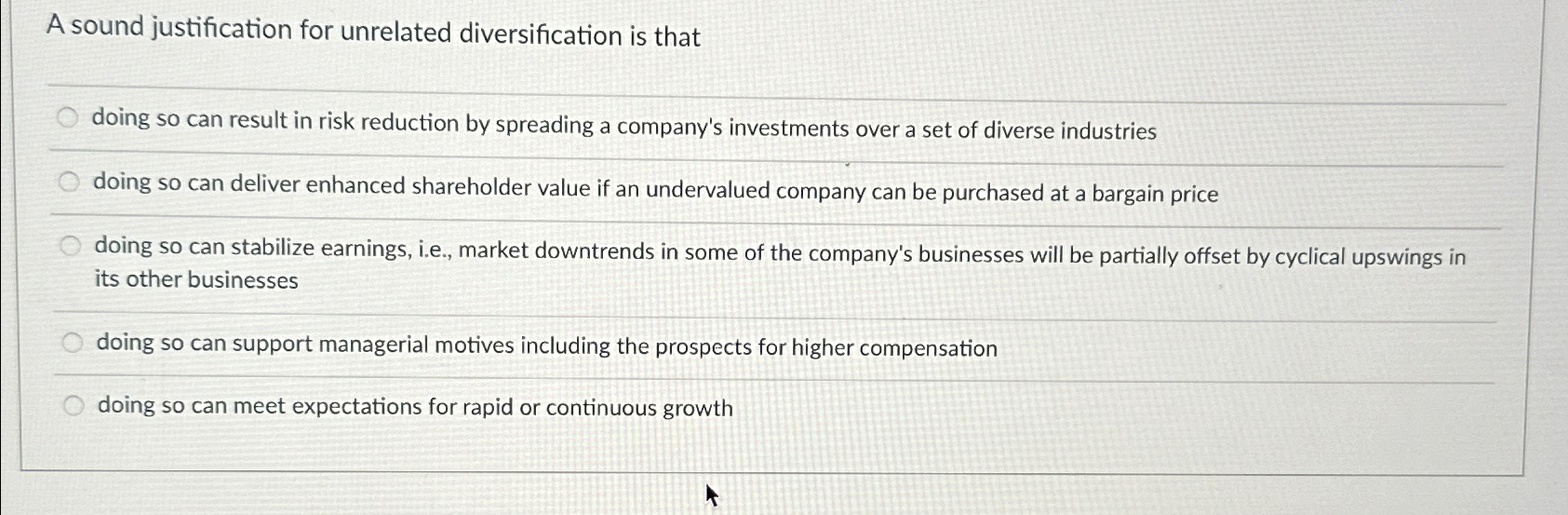 Solved A sound justification for unrelated diversification | Chegg.com