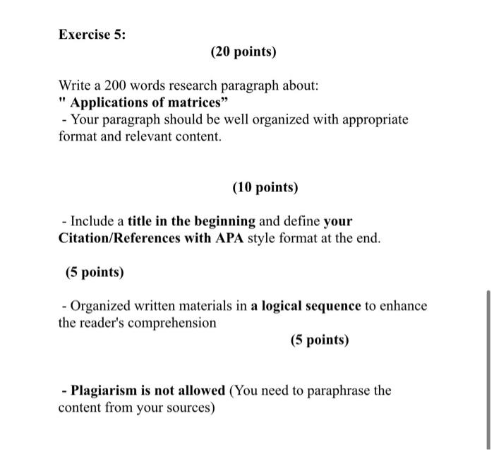 Solved Exercise 5: (20 points) Write a 200 words research | Chegg.com