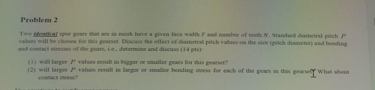 Solved Problem 2 Two identical spur gears that are in mesh | Chegg.com