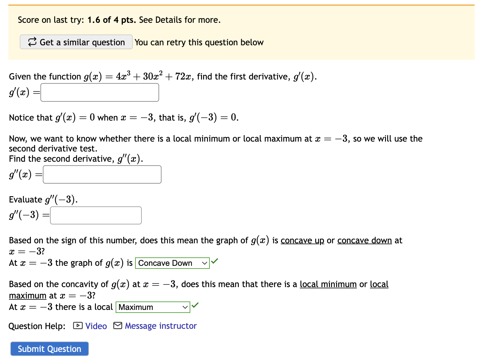 Solved Given the function g(x)=4x3+30x2+72x, ﻿find the first | Chegg.com