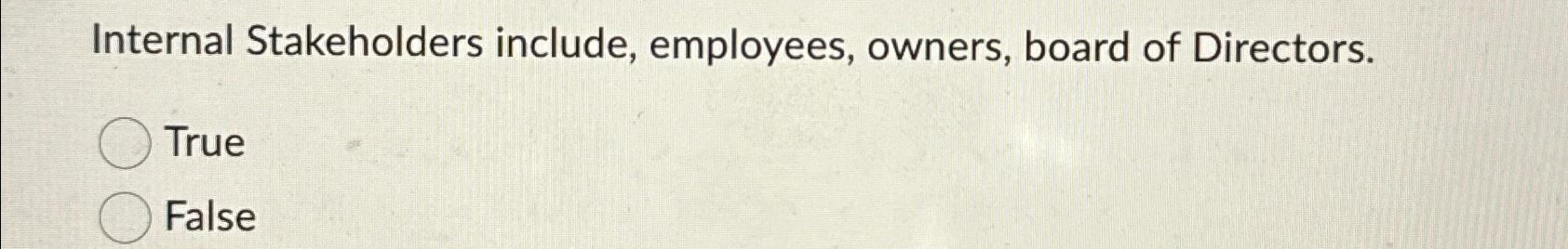 Solved Internal Stakeholders include, employees, owners, | Chegg.com