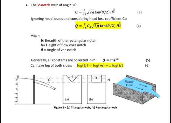 Solved • The V-notch weir of angle 20: Q = √2g tan(0/2) H | Chegg.com