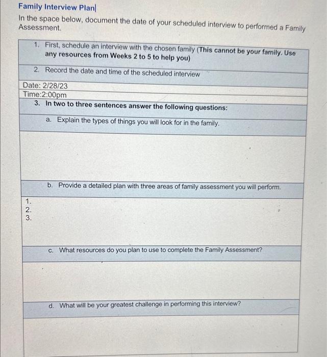 Solved Family Interview Plan| In the space below, document | Chegg.com