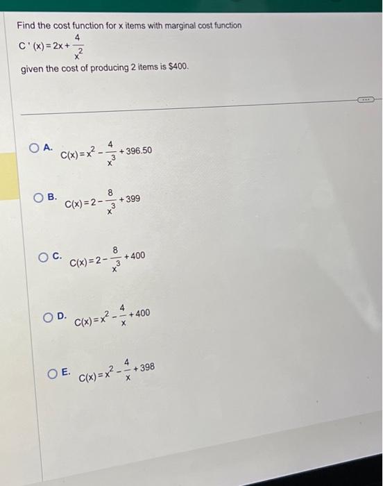 Solved Find the cost function for x items with marginal cost | Chegg.com