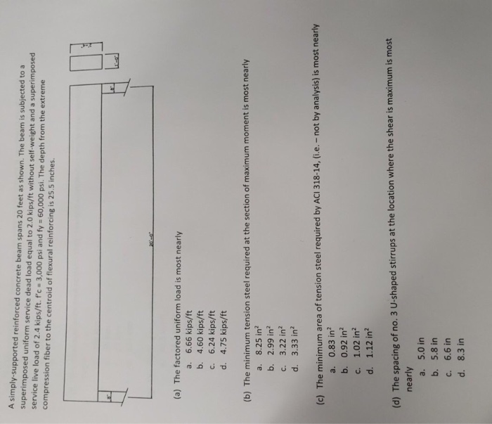 A simply-supported reinforced concrete beam spans 20 feet as shown. The ...