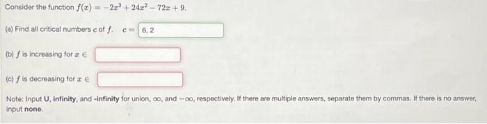 Solved Consider the function f(x) = -2x³ + 24x² - 72x + 9. | Chegg.com