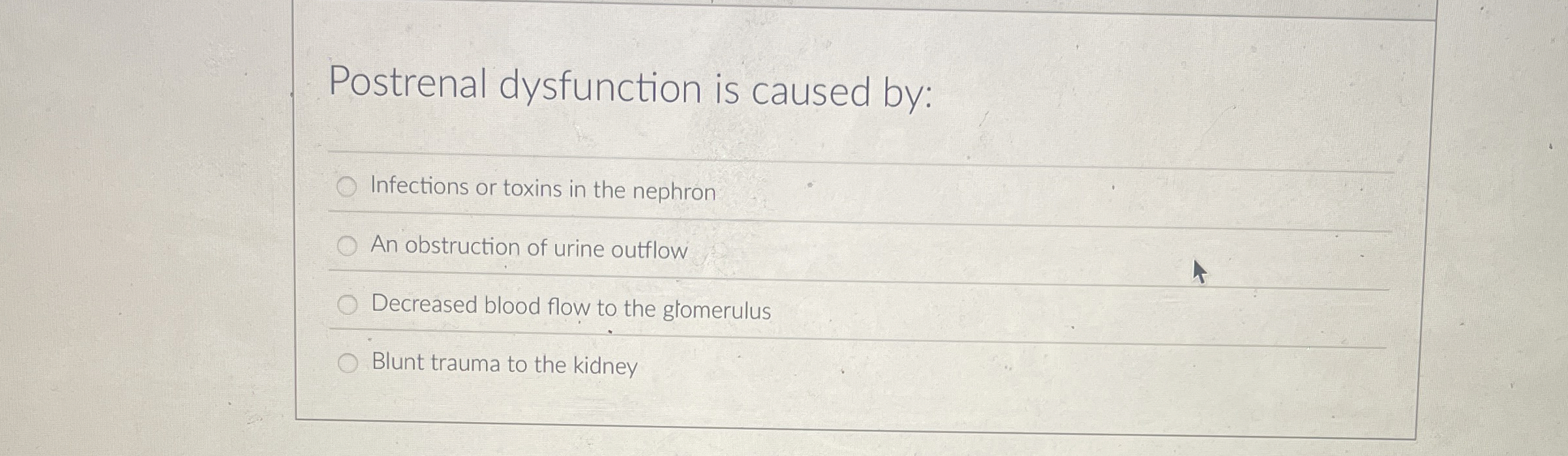 Solved Postrenal dysfunction is caused by: ﻿Infections or | Chegg.com