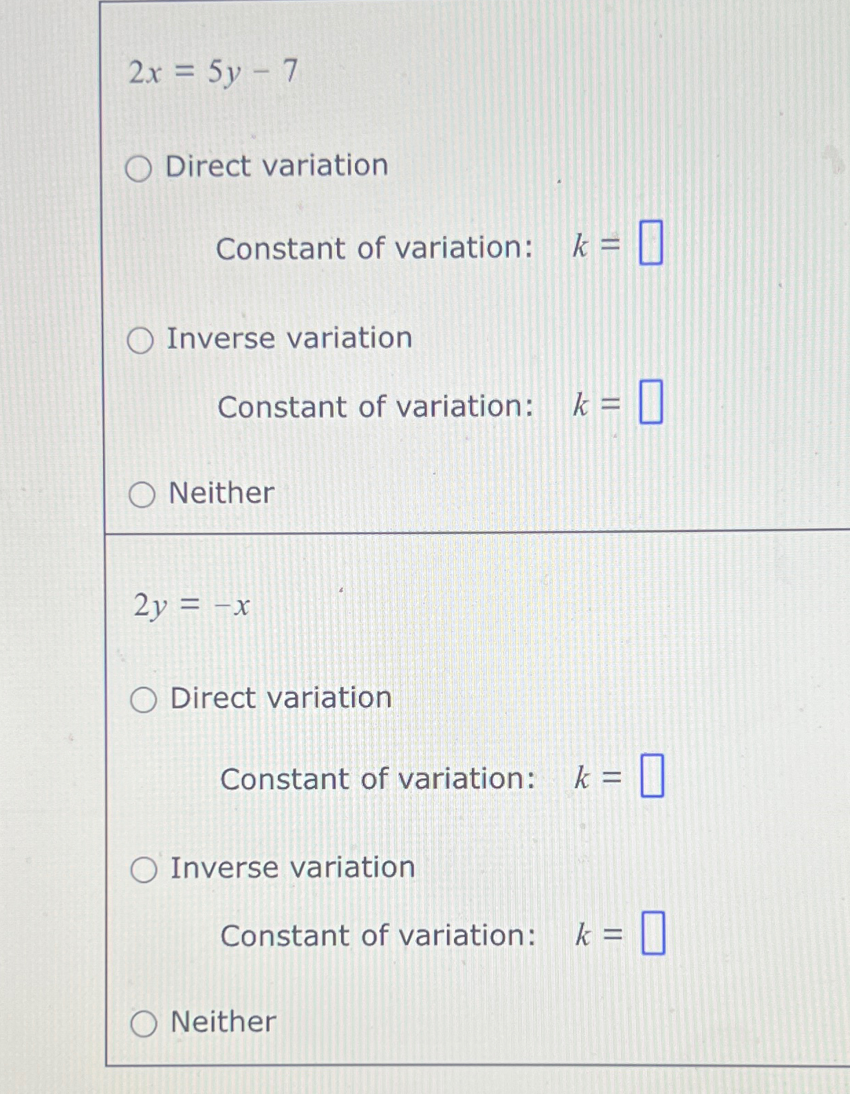 Solved 2x=5y-7Direct variationConstant of variation: | Chegg.com