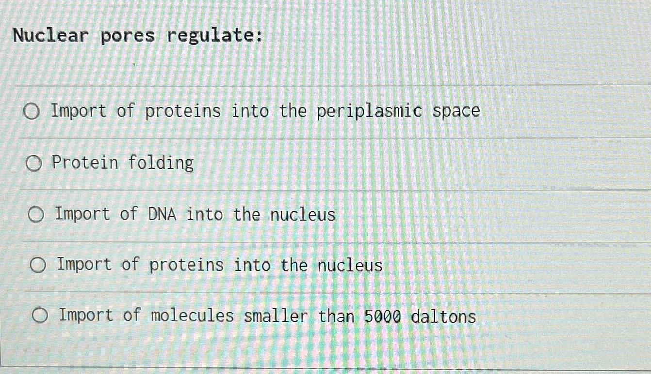 Solved Nuclear pores regulate:Import of proteins into the | Chegg.com