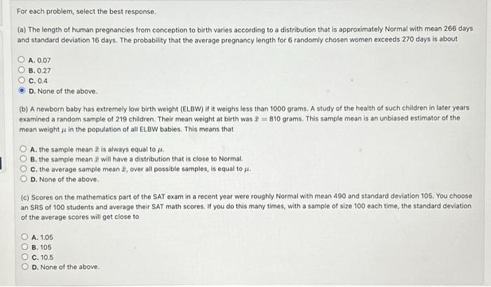 Solved For each problem, select the best response. (a) The | Chegg.com