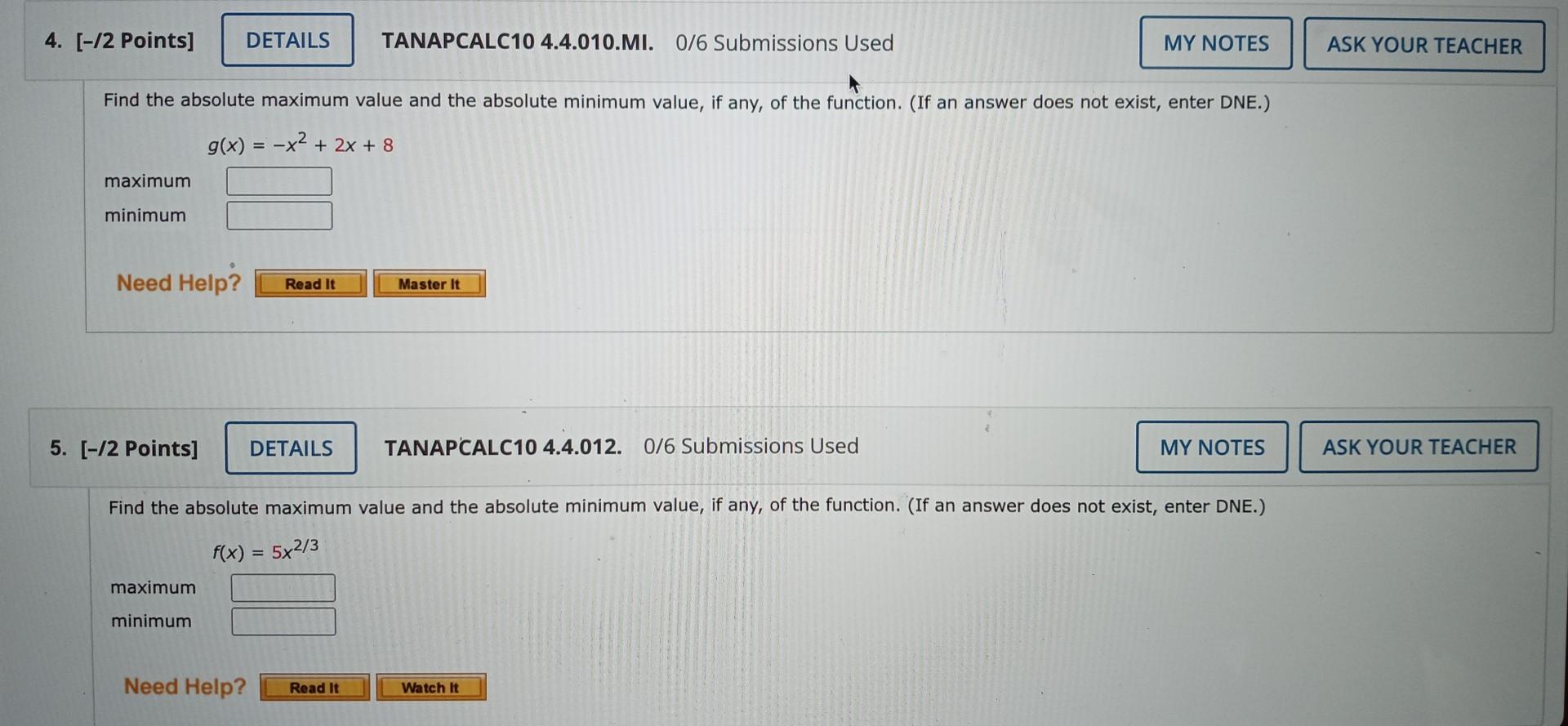 Solved g(x)=−x2+2x+8 maximum minimum −/2 Points] TANAPCALC10 | Chegg.com