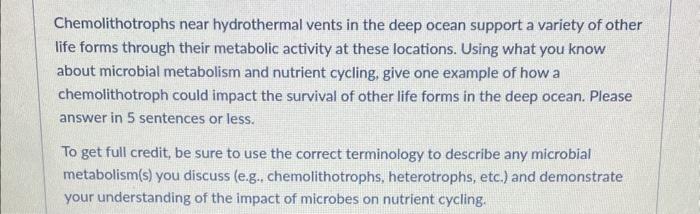Solved Chemolithotrophs near hydrothermal vents in the deep | Chegg.com