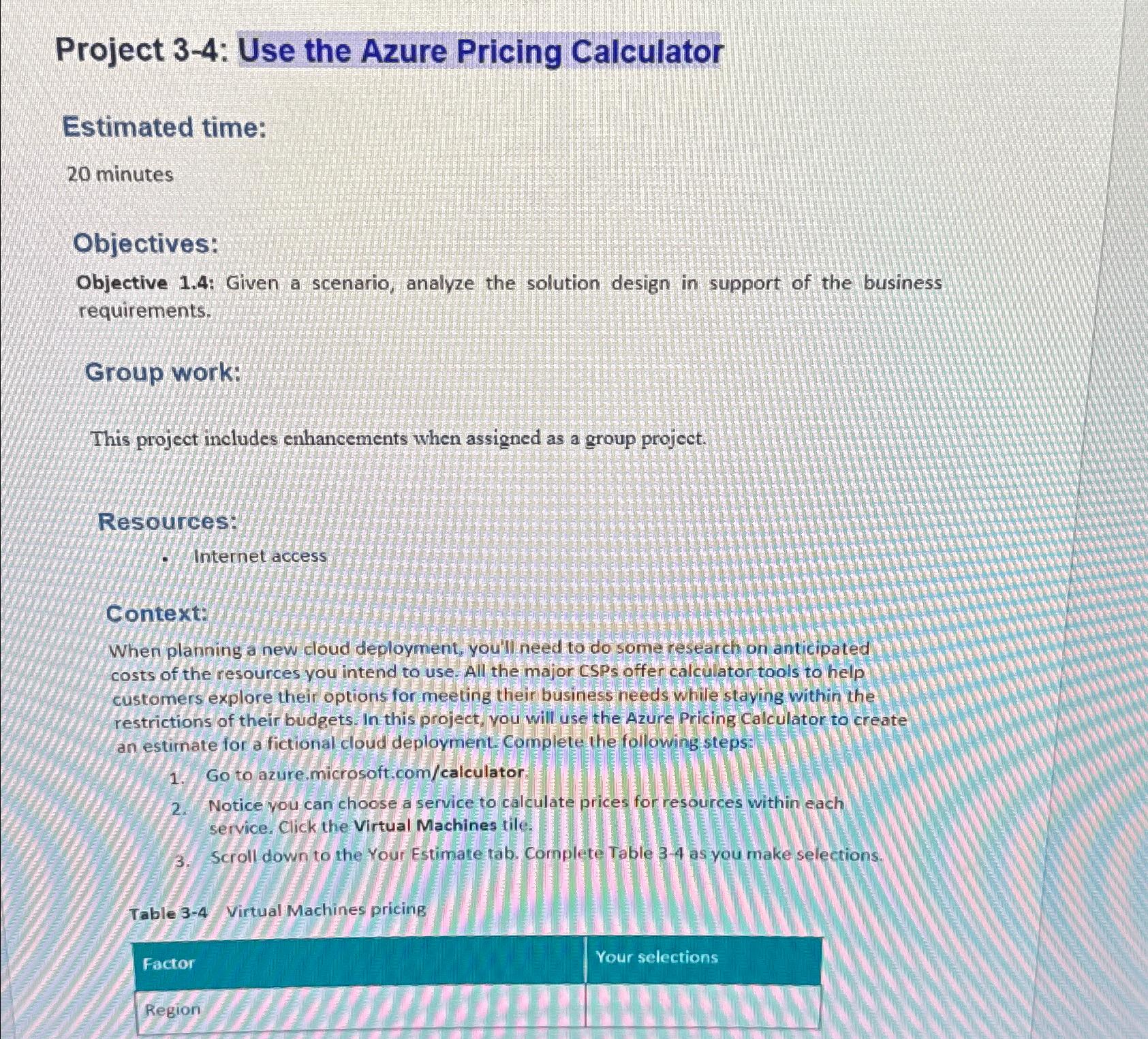 Project 3-4: Use the Azure Pricing | Chegg.com