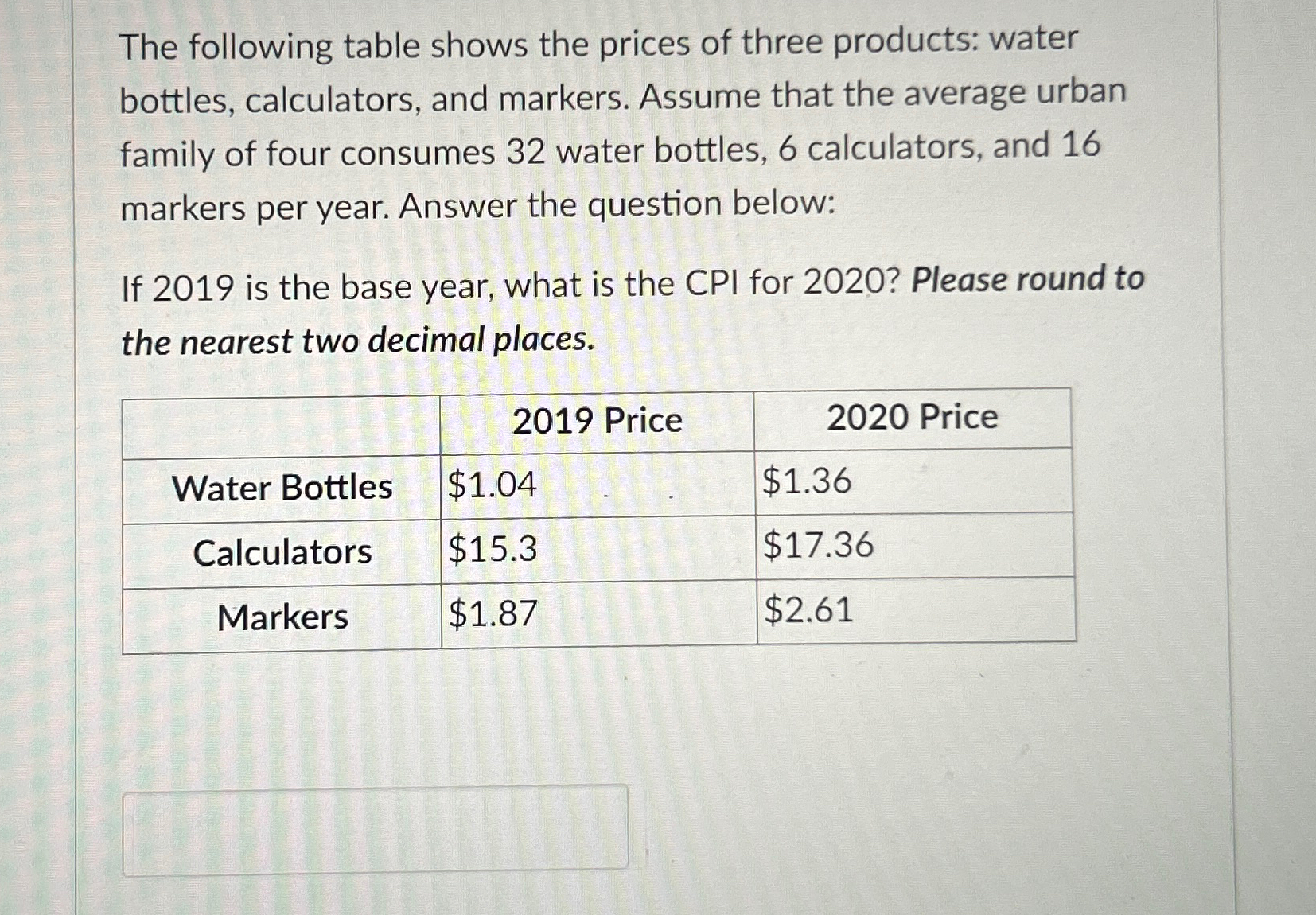 The following table shows the prices of three | Chegg.com