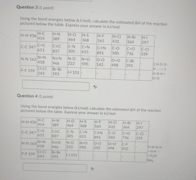 Solved Question 3 (1 ﻿point)Using the bond energies below | Chegg.com