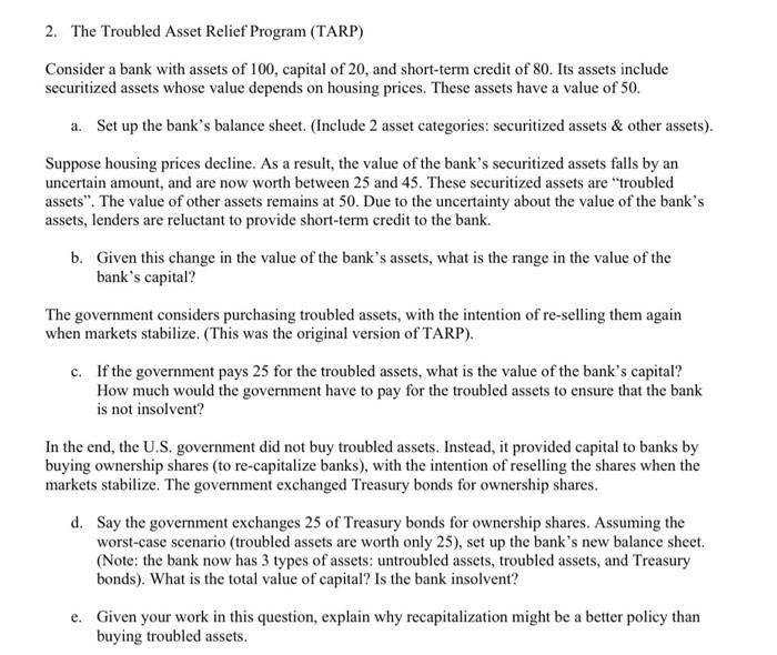 Solved 2. The Troubled Asset Relief Program (TARP) Consider | Chegg.com