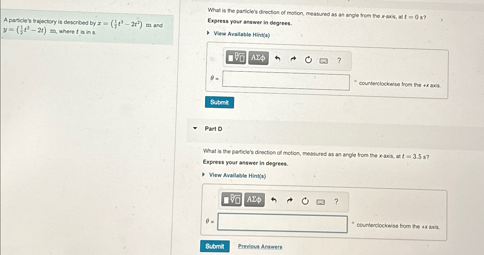 Solved A particle's trajectory is described by x=(12t3-2t2)m | Chegg.com