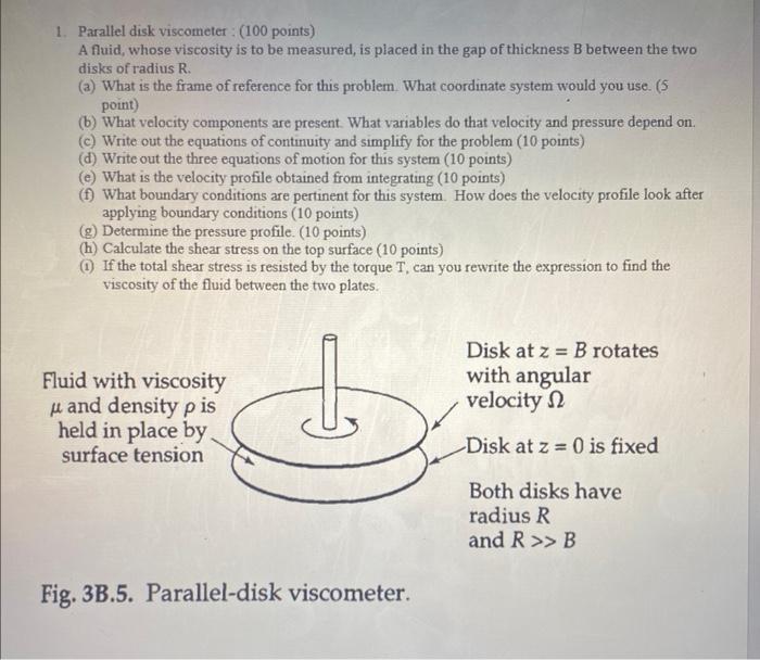 Solved 1. Parallel disk viscometer : ( 100 points) A fluid, | Chegg.com