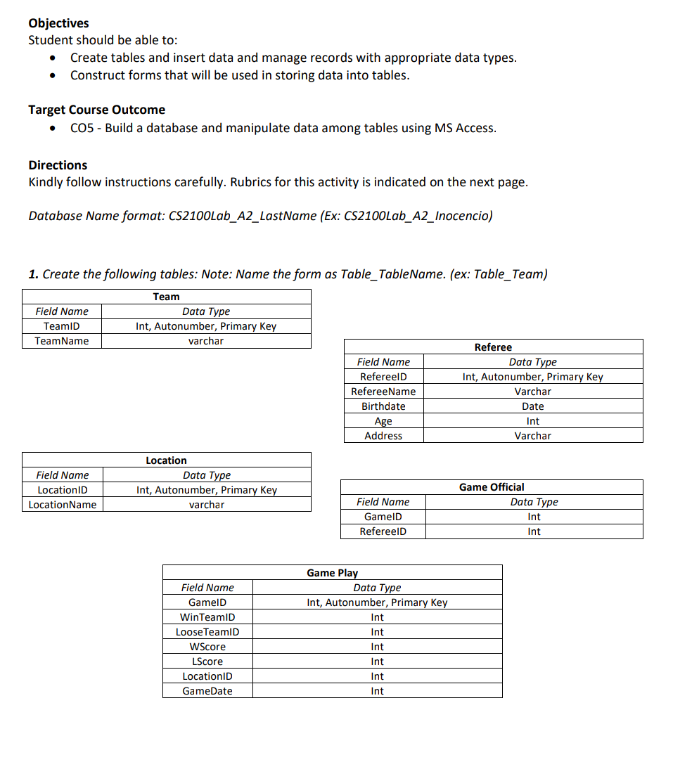 Objectives Student should be able to: Create tables | Chegg.com