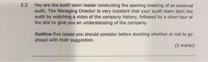 Solved 2.2 You are the audit team leader conducting the | Chegg.com