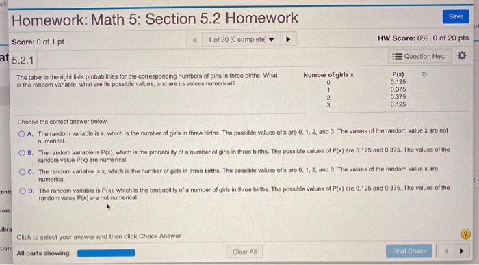 Solved Homework Math 5 Section 5 2 Homework Save 1 Of 20