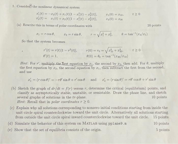 Solved 5 Consider The Nonlinear Dynamical System