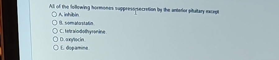 Solved All of the following hormones suppress secretion by | Chegg.com