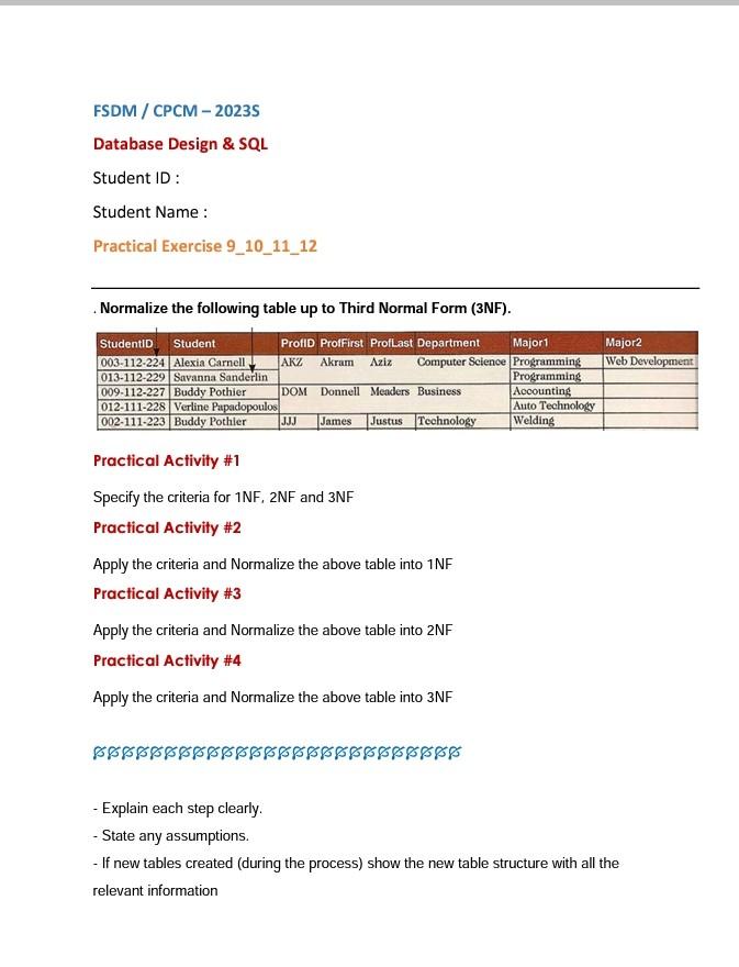 Solved FSDM / CPCM - 2023S Database Design \& SQL Student ID | Chegg.com