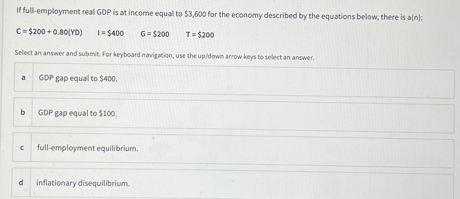 Solved If full-employment real GDP is at income equal to | Chegg.com
