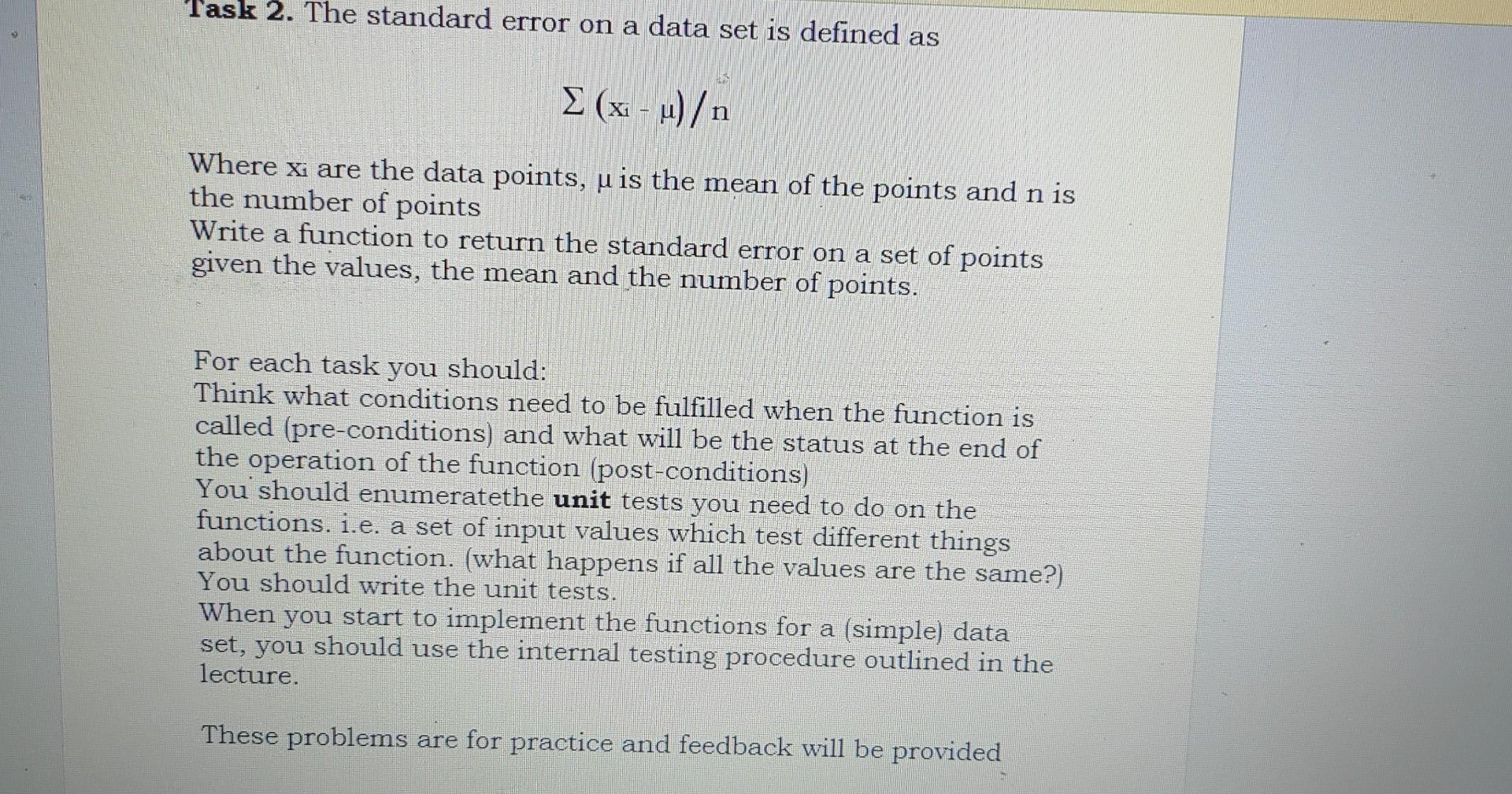 Solved Task 2. The standard error on a data set is defined | Chegg.com