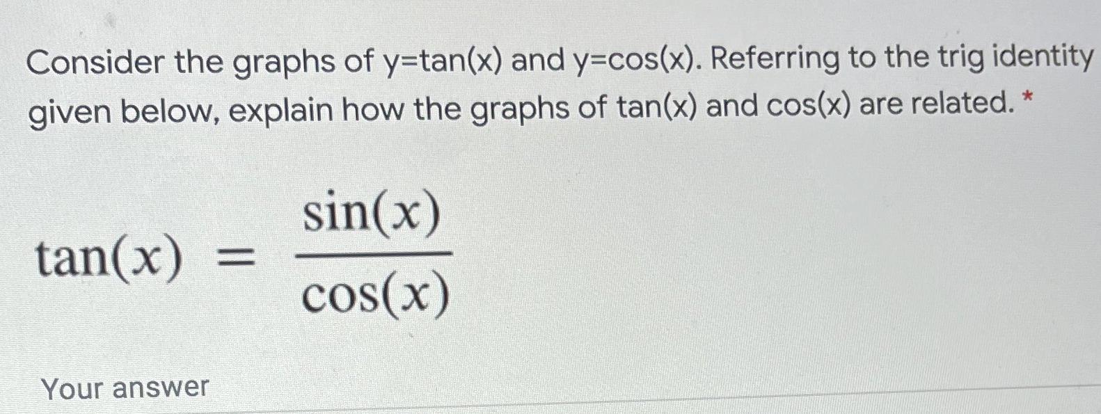 Solved Consider the graphs of y=tan(x) and y=cos(x). | Chegg.com