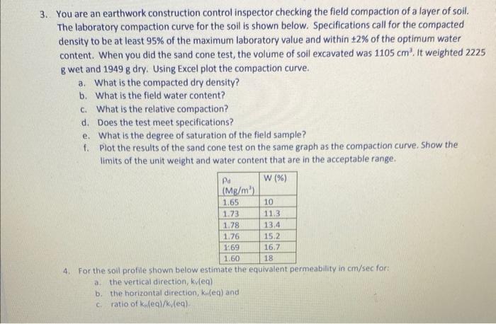 Solved You are an earthwork construction control inspector | Chegg.com