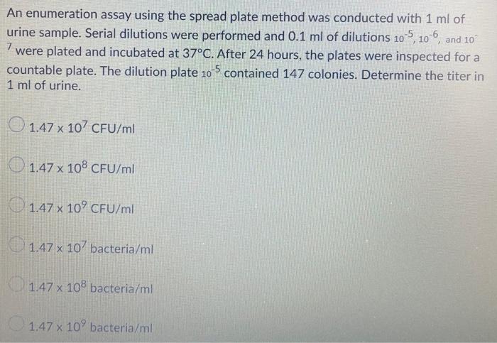 Solved An enumeration assay using the spread plate method | Chegg.com