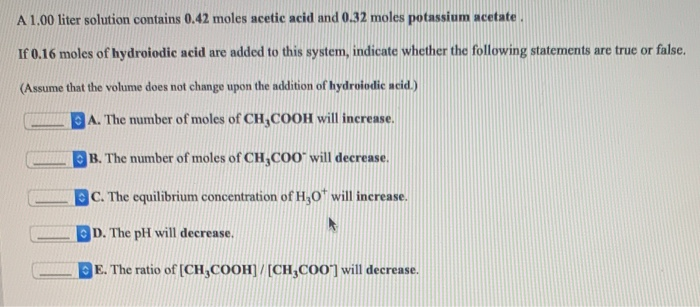 Solved A 1,00 liter solution contains 0.42 moles acetic acid | Chegg.com