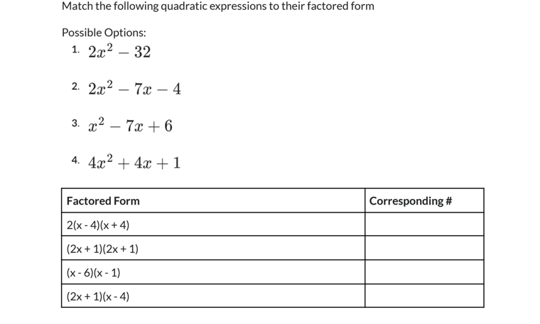 Solved Match the following quadratic expressions to their | Chegg.com