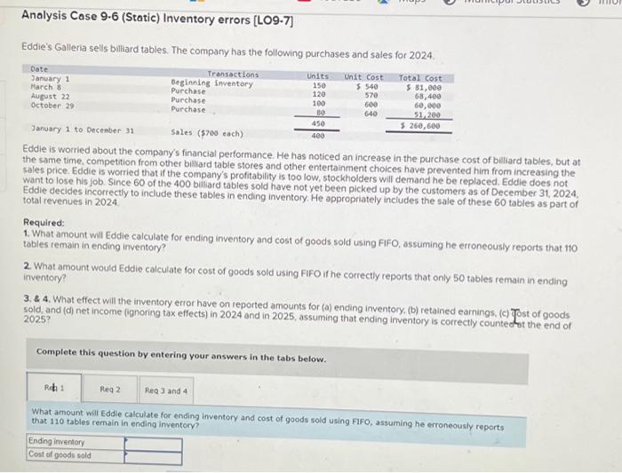 Analysis Case 9.6 (Static) Inventory errors [LO9.7] | Chegg.com